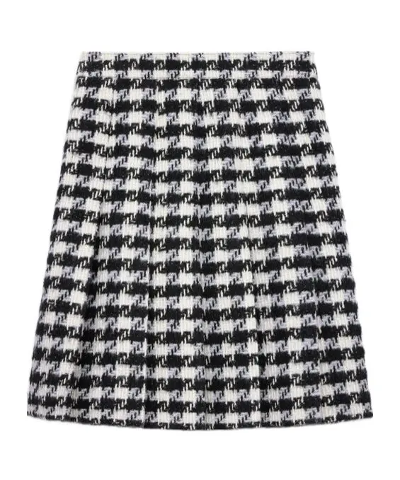 Celine Pleated Houndstooth Wool Skirt - White/ivory/black