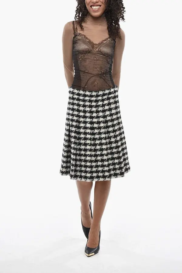 Celine Pleated Houndstooth Wool Skirt - White/ivory/black