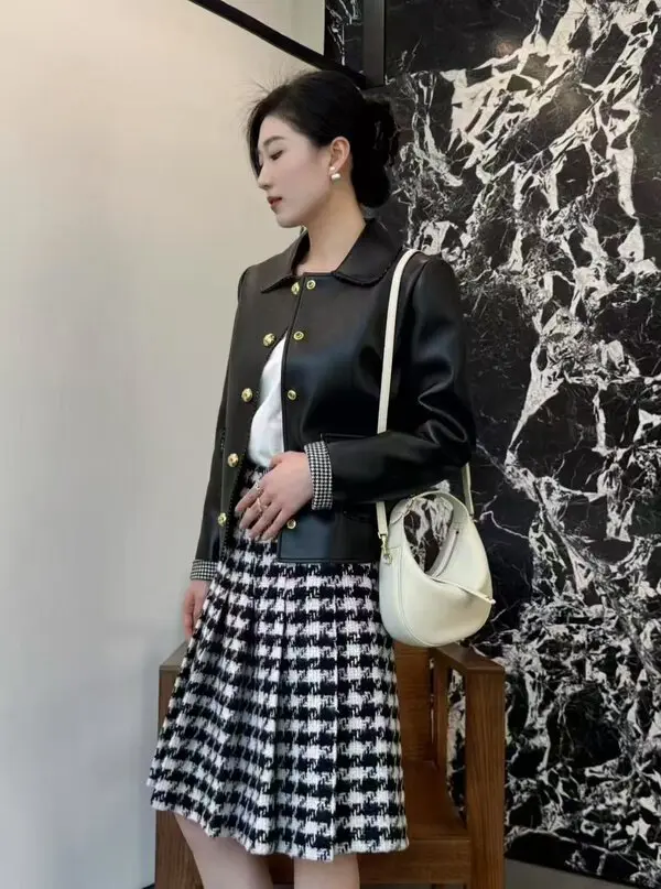 Celine Pleated Houndstooth Wool Skirt - White/ivory/black