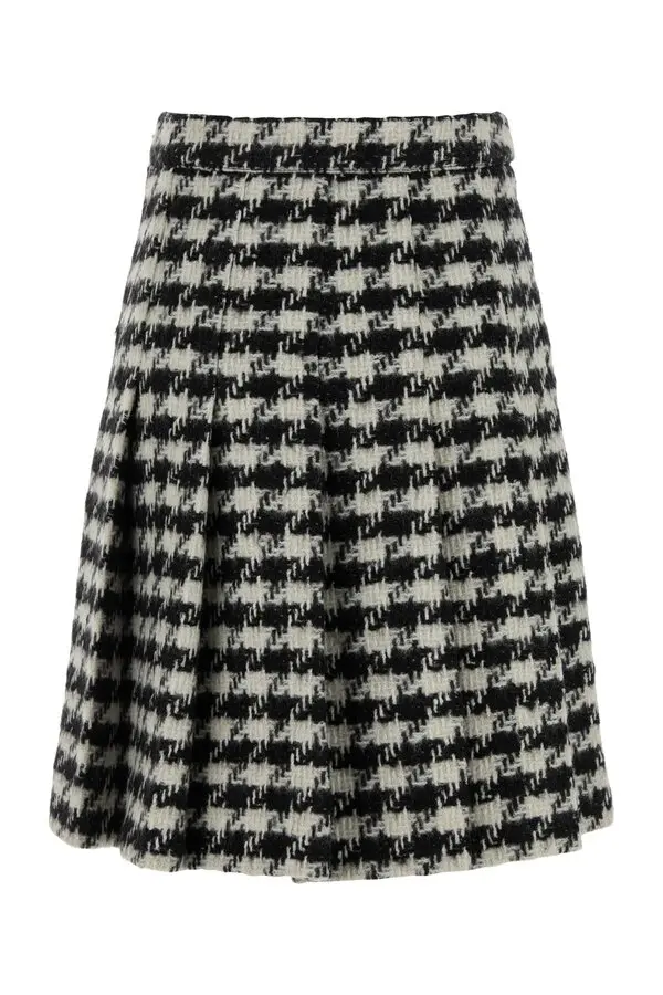 Celine Pleated Houndstooth Wool Skirt - White/ivory/black