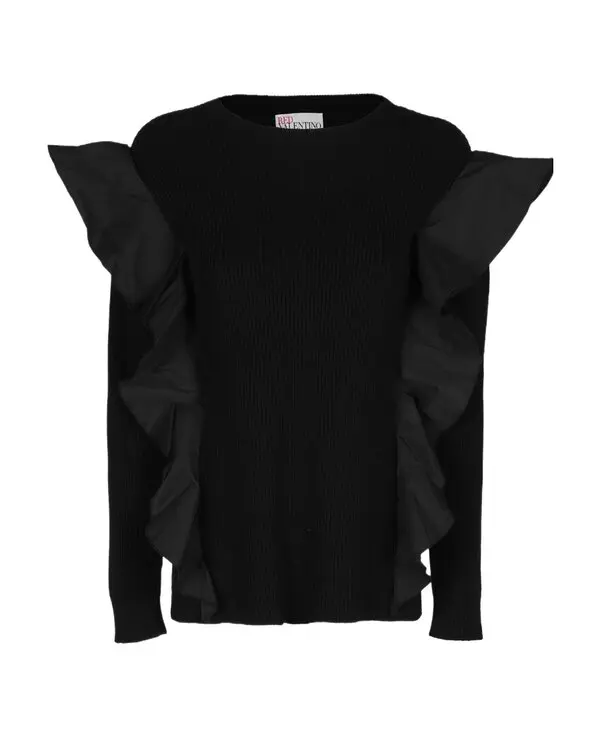 Red Valentino Long Sleeve Round Neck Sweater With Ruffle Detail