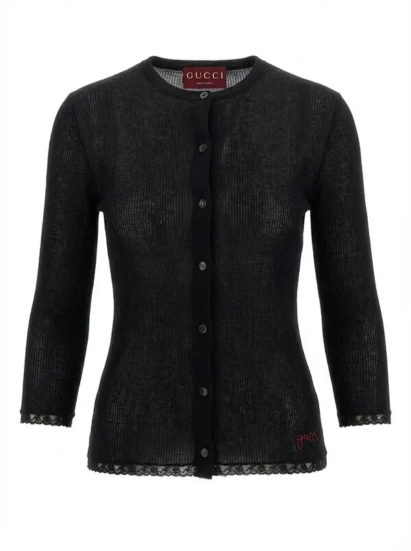 Gucci Ribbed Knit Cardigan With Lace Trim - Black