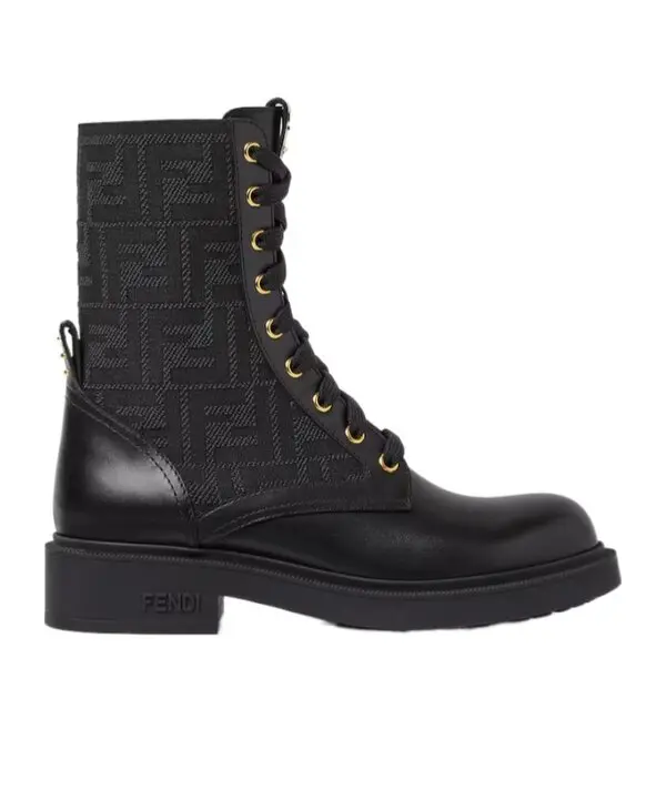 Fendi Lace-up Biker Boots With Ff Jacquard - Black