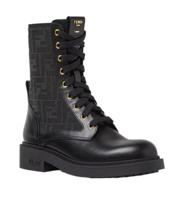 Fendi Lace-up Biker Boots With Ff Jacquard - Black
