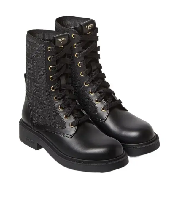 Fendi Lace-up Biker Boots With Ff Jacquard - Black