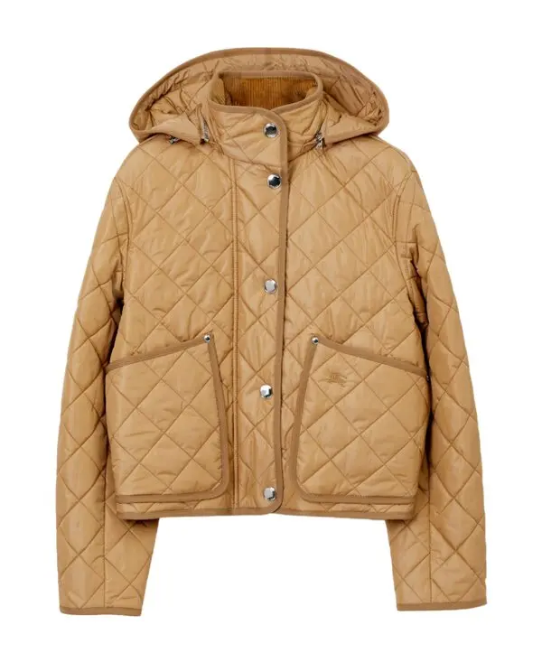 Burberry Diamond-quilted Hooded Jacket With Ekd Embroidery - Khaki
