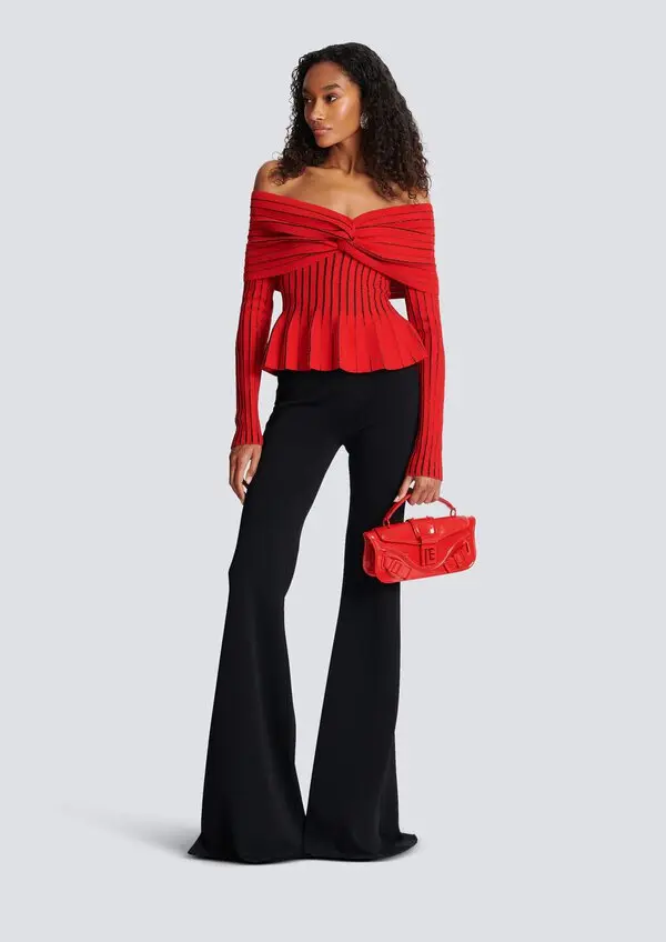 Balmain Knotted Off-the-shoulder Ribbed Top With Back Zipper