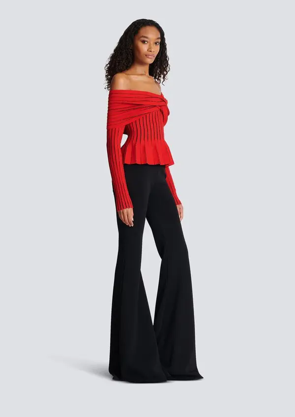 Balmain Knotted Off-the-shoulder Ribbed Top With Back Zipper
