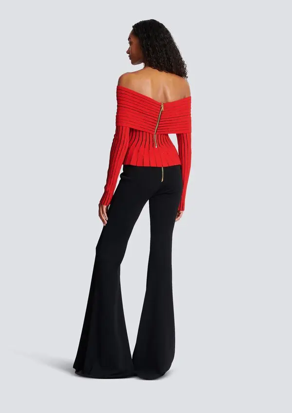 Balmain Knotted Off-the-shoulder Ribbed Top With Back Zipper