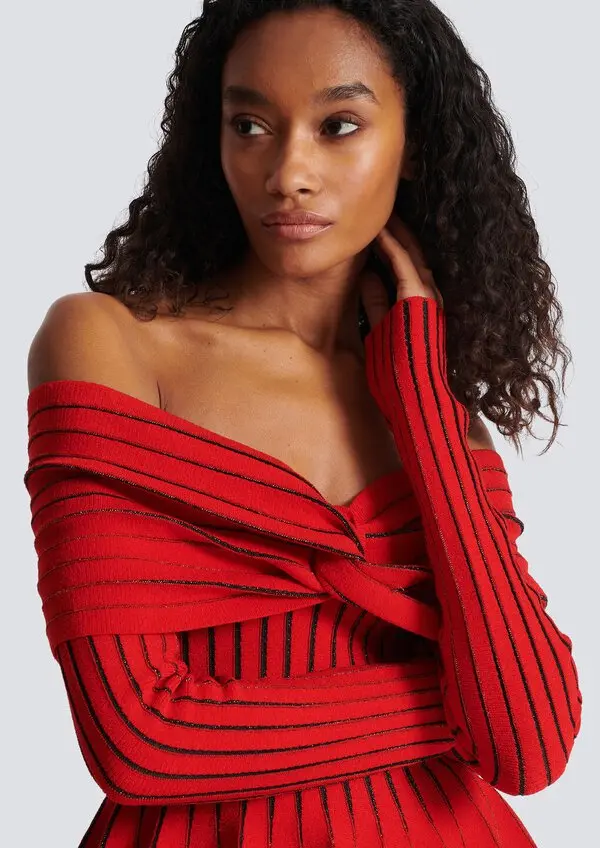 Balmain Knotted Off-the-shoulder Ribbed Top With Back Zipper