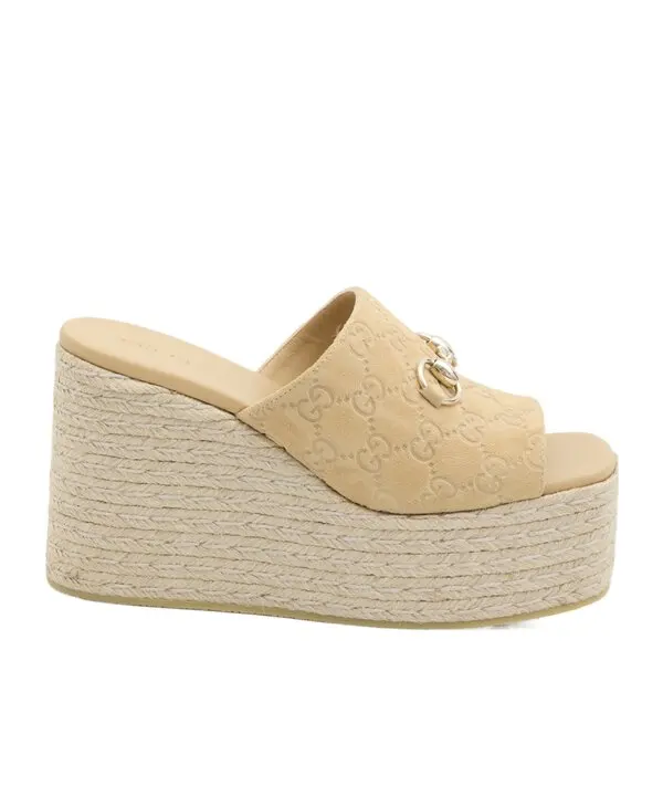 Gucci Horsebit Platform Espadrille Wedges - Nude