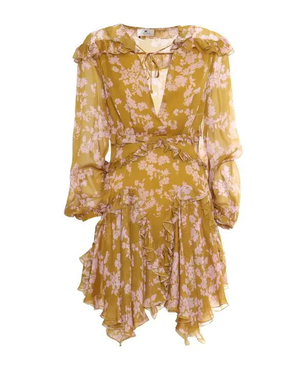 Elisabetta Franchi Ruffled Floral Print Voile Dress - Brown