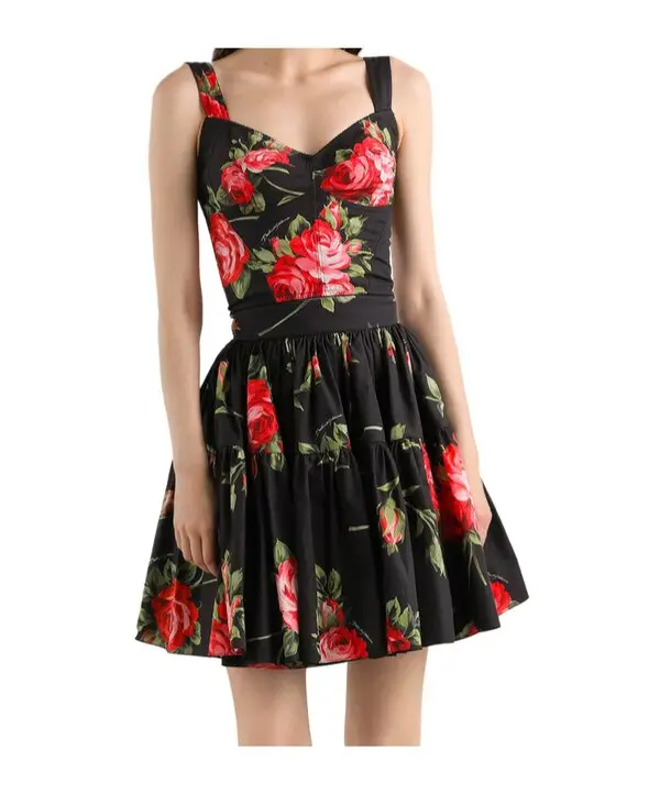Dolce & Gabbana Rose Bouquet Printed Tiered Mini Skirt - Black