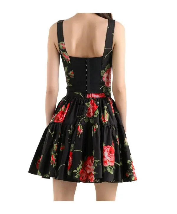Dolce & Gabbana Rose Bouquet Printed Tiered Mini Skirt - Black