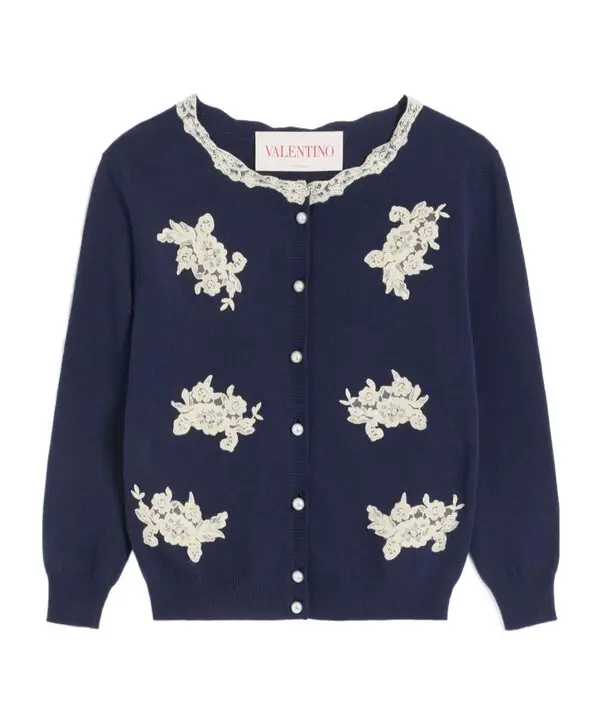 Valentino Garavani Embroidered Wool And Lace Cardigan - Dark Blue/white