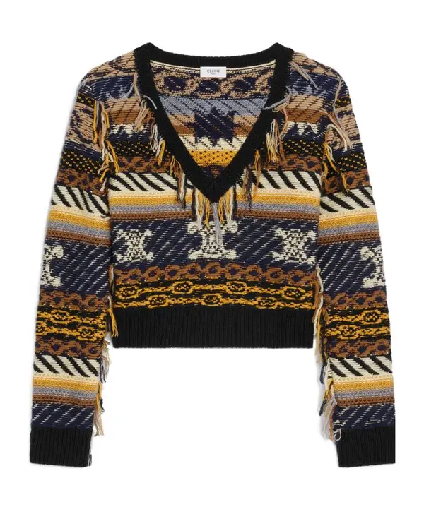 Celine Jacquard Cashmere V-neck Sweater With Fringe - Brown/gray