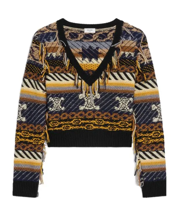 Celine Jacquard Cashmere V-neck Sweater With Fringe - Brown/gray