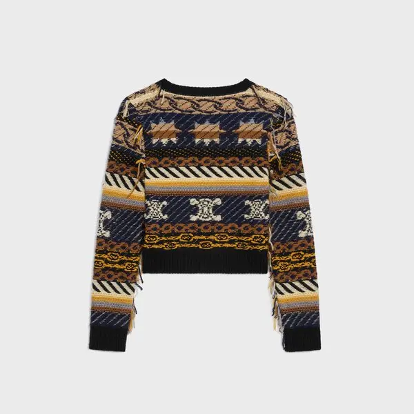 Celine Jacquard Cashmere V-neck Sweater With Fringe