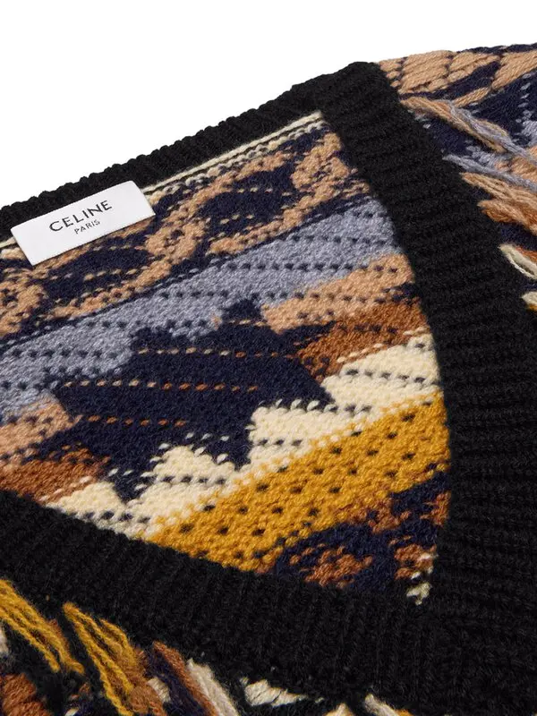 Celine Jacquard Cashmere V-neck Sweater With Fringe
