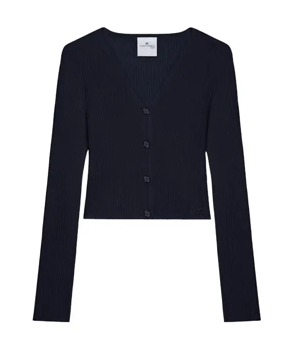 COURREGES Cropped Fine-ribbed Cardigan With Logo Detail - Navy
