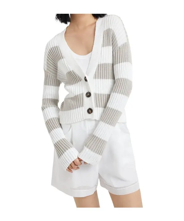 Brunello Cucinelli Striped Ribbed-knit Cardigan - Light-colored