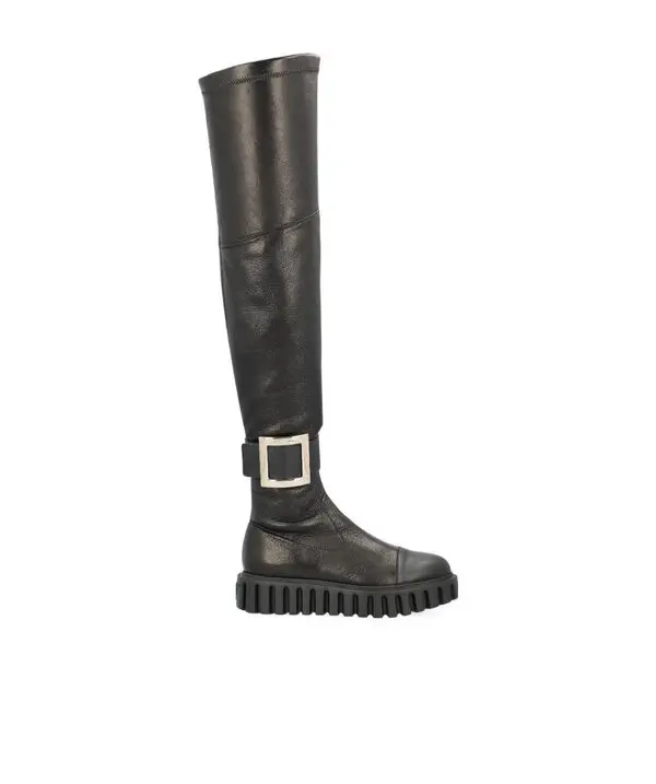 ROGER VIVIER Leather Stretch Over-the-knee Boots With Metal Buckle