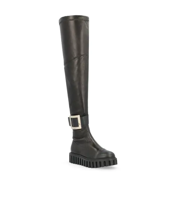 ROGER VIVIER Leather Stretch Over-the-knee Boots With Metal Buckle