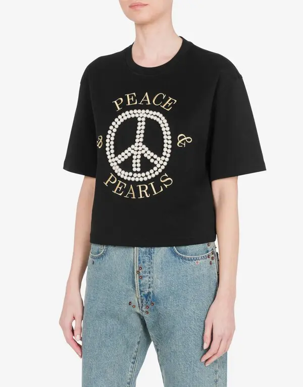 Moschino Cotton T-shirt With Pearl And Gold Thread Embellishment