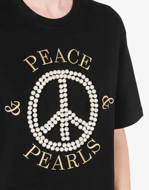 Moschino Cotton T-shirt With Pearl And Gold Thread Embellishment