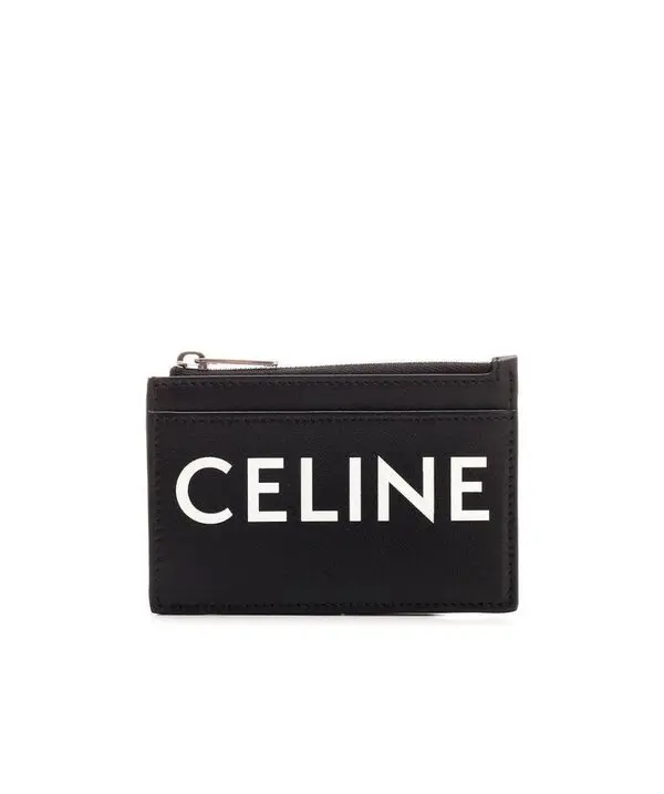 Celine Zipped Card Holder In Smooth Calfskin With Print - Black
