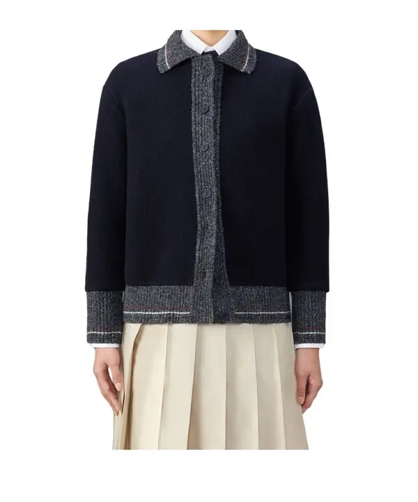 Thom Browne Speckled-trim Long-sleeved Cardigan - Navy Blue