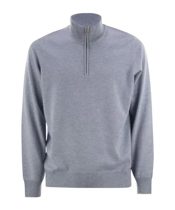 Brunello Cucinelli Funnel-neck Zip-up Knitted Polo Shirt - Gray