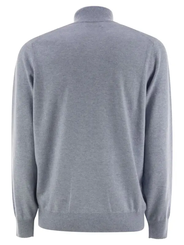 Brunello Cucinelli Funnel-neck Zip-up Knitted Polo Shirt - Gray
