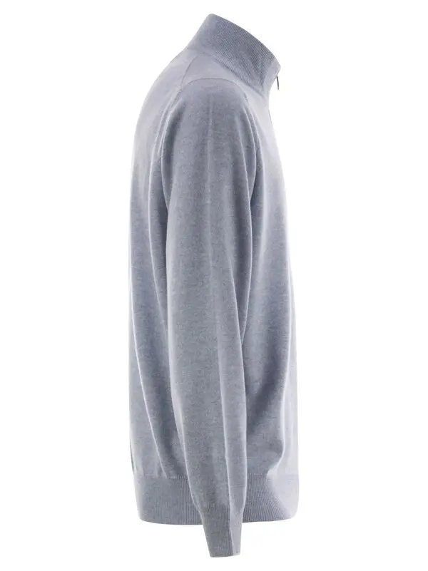 Brunello Cucinelli Funnel-neck Zip-up Knitted Polo Shirt - Gray