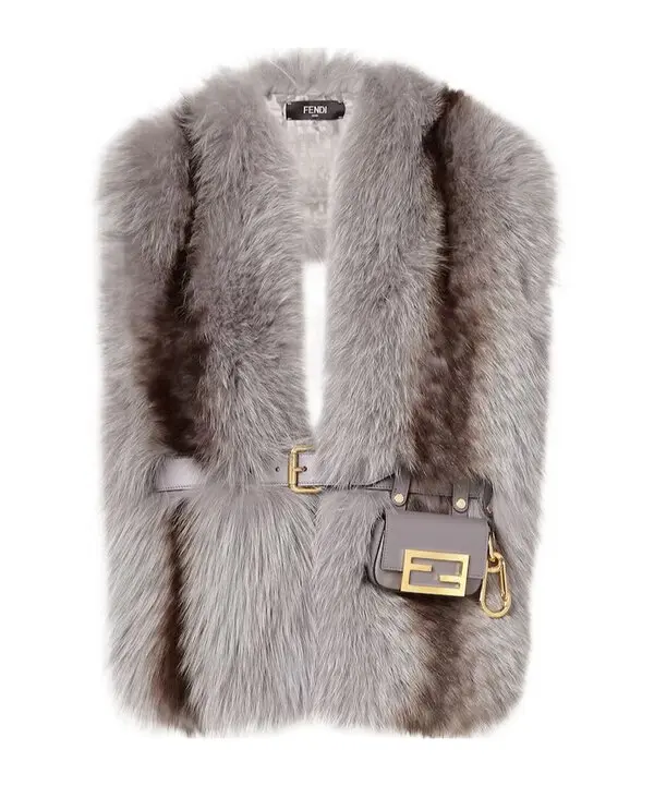Fendi Gray Fox Fur Maxi Stole With Leather Belt - Grey