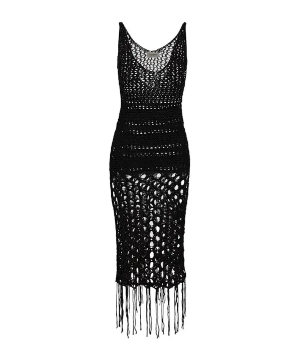 LANEUS Knitted Tank Dress With V-neckline And Fringe - Black