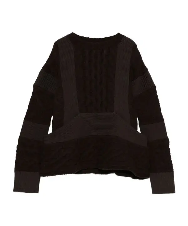 Sacai Crew Neck Long Sleeve Cable Knit Sweater With Pockets - Black
