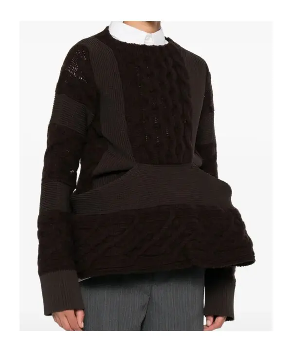 Sacai Crew Neck Long Sleeve Cable Knit Sweater With Pockets