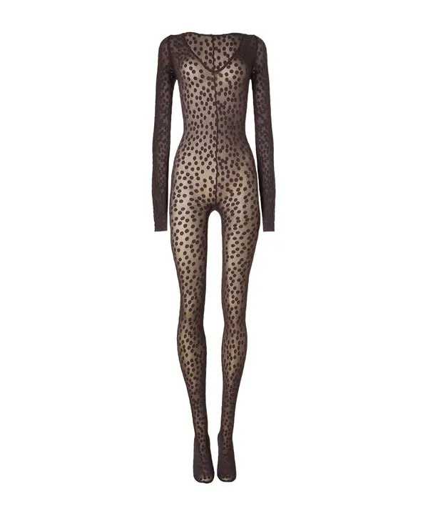 Wolford Polka Dot Catsuit With V-neck And Long Sleeves - Wild Plum