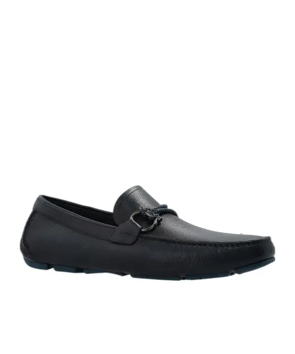 FERRAGAMO Flat Loafers With Metallic Embellishments - Navy
