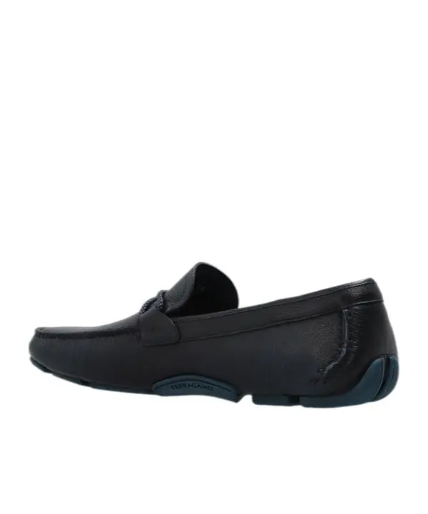 FERRAGAMO Flat Loafers With Metallic Embellishments - Navy