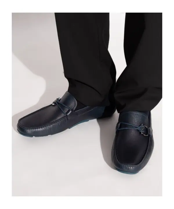 FERRAGAMO Flat Loafers With Metallic Embellishments - Navy