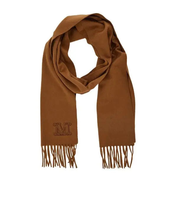 Max Mara Logo Embroidered Fringed Edge Scarf - Brown
