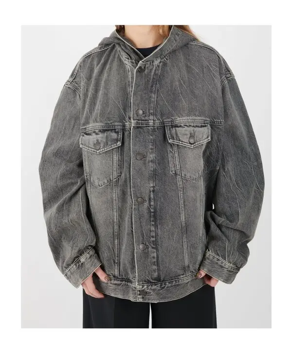 Acne Studios Washed Black Hooded Denim Jacket - Gray