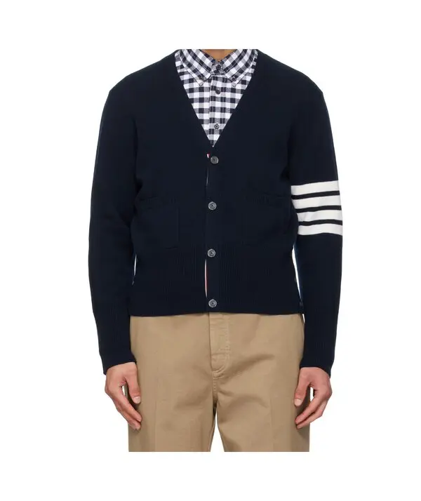 Thom Browne 4-bar Stripe V-neck Button-up Cardigan - Navy Blue