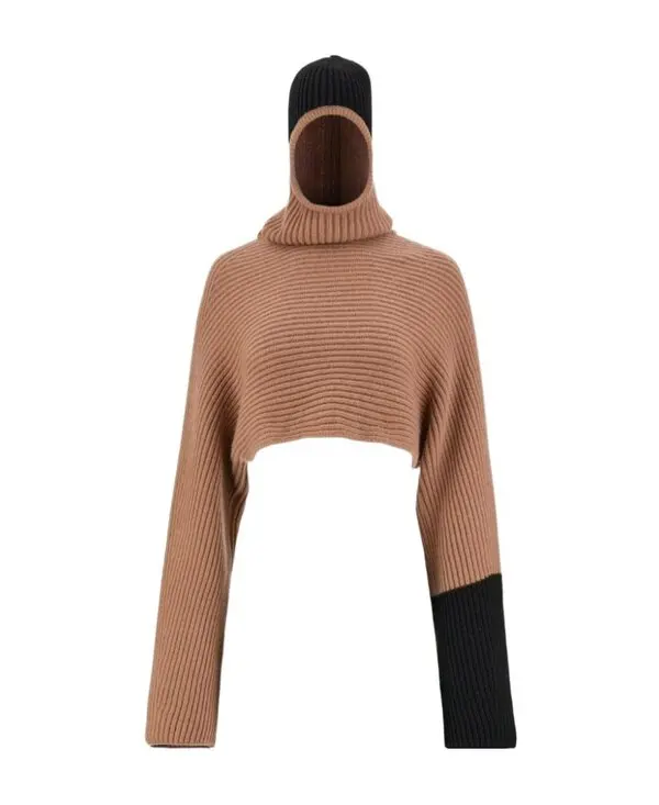 FERRAGAMO Ribbed Knit Hooded Sweater - Brown