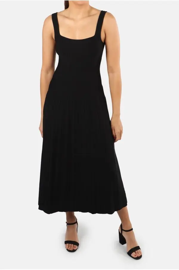 Staud Ellison Pleated Sleeveless Square Neck Midi Dress - Black