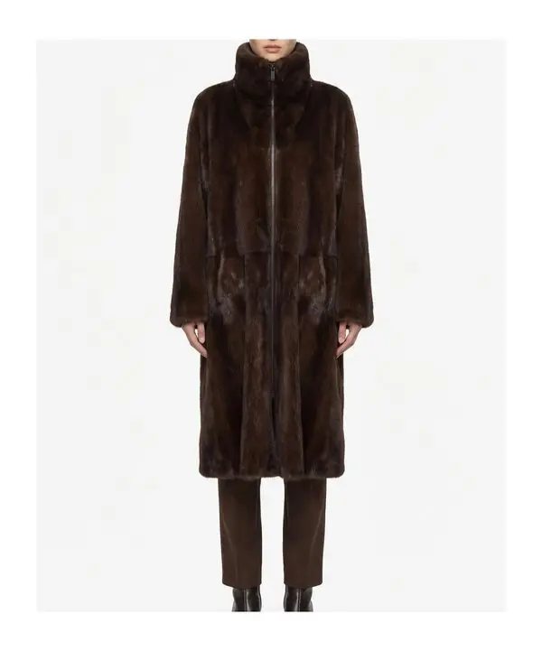 YVES SALOMON Long Sleeve Zip Up Fur Coat