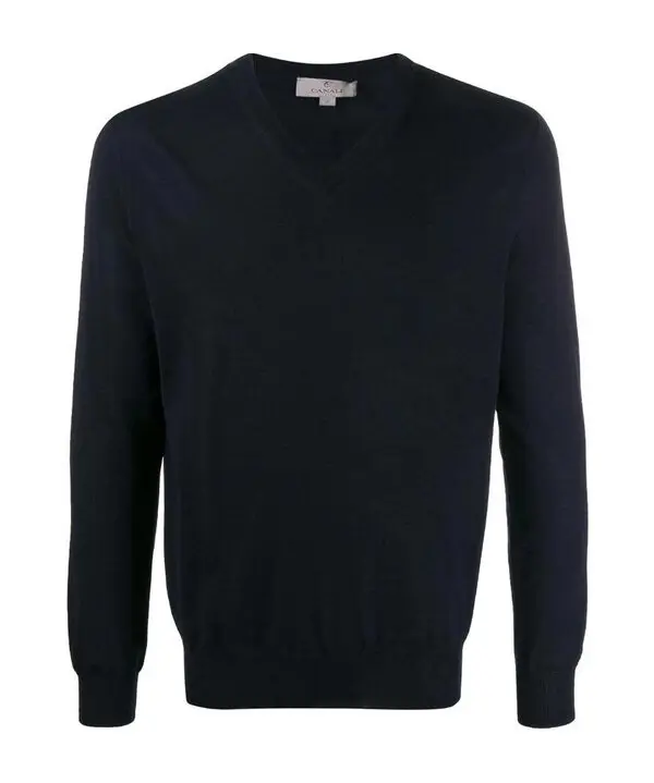 Canali Navy Blue Wool Fine Knit V-neck Jumper