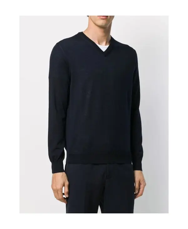 Canali Navy Blue Wool Fine Knit V-neck Jumper